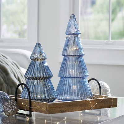 Light Blue Mercury Glass LED Trees, Set of Two | Grandin Road