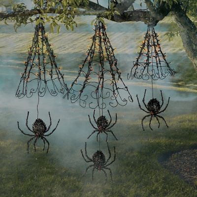 Pre-lit Hanging Spiders with Web, Set of Three | Grandin Road