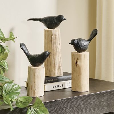 Wood Bird on Tree Stump, Set of Three | Grandin Road